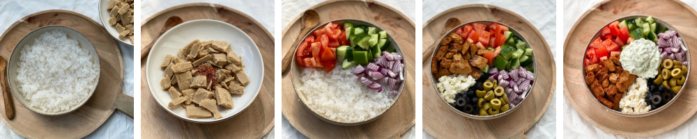 Vegan gyros bowl met koolhydraatarme rijst